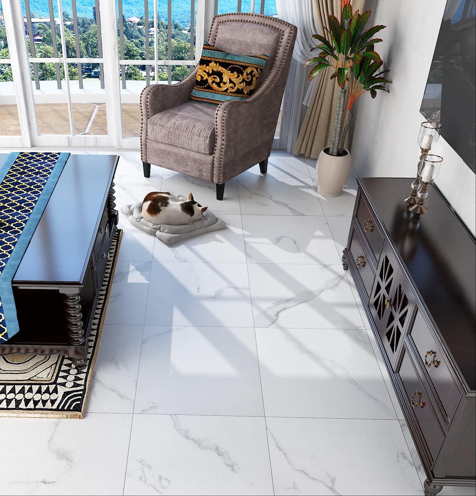 FunStick White Peel and Stick Floor Tile Waterproof 12x12 in Marble Adhesive Vinyl Flooring Peel and Stick Tiles for Bathroom Floor Tile Stickers Kitchen Laundry Room Bedroom Laminate Flooring 5 Pack