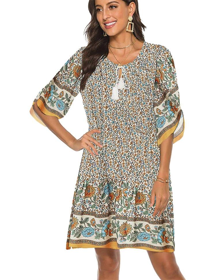 Women's Casual Floral Print Tie Neck Short Sleeve Summer Tunic Boho Dress Plus 2X Beige