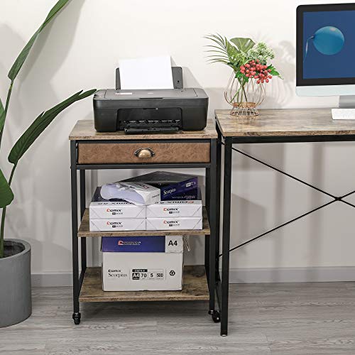X-cosrack Deskside Mobile Printer Stand with Storage Drawer, 3 Tier Printer Table Cart with Wheel,Workspace Desk Organizer Shelf for Home Office, Rustic Brown