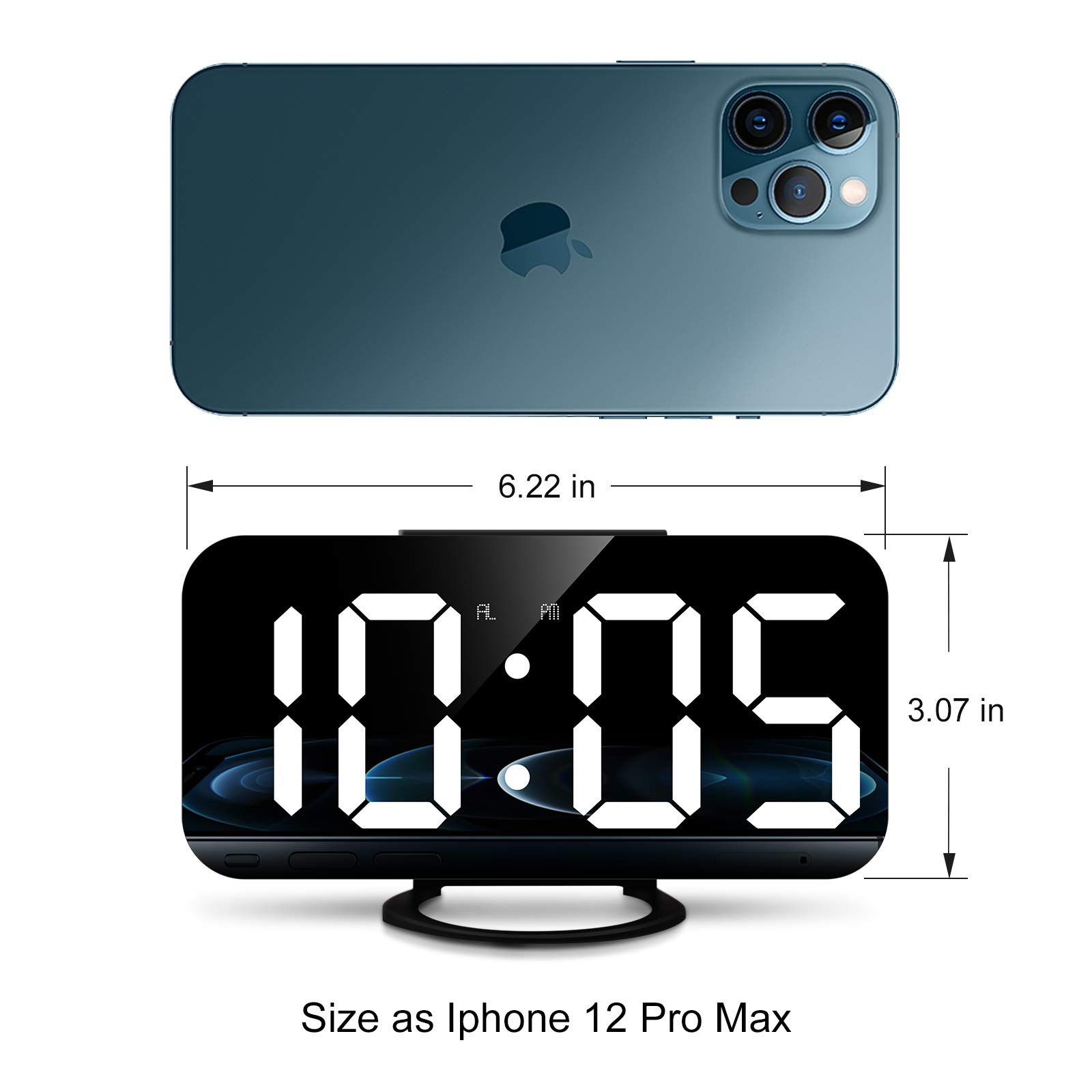 Lamisola Digital Alarm Clock, Large LED Mirror Display,2 USB Charging Ports,Auto Adjustable Brightness,Aesthetic Modern Clocks for Bedroom Living Room Office,Black