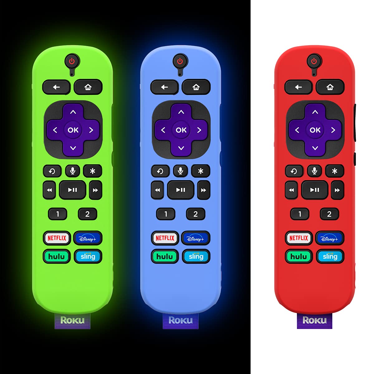[3Pcs] Case for Roku Voice Remote Pro 2021(Only for 2021 Released), Anti Slip | Shockproof Silicone Protective Cover for Roku Voice Pro Remote Controller with Lanyard(Glow Blue+Glow Green+Red)
