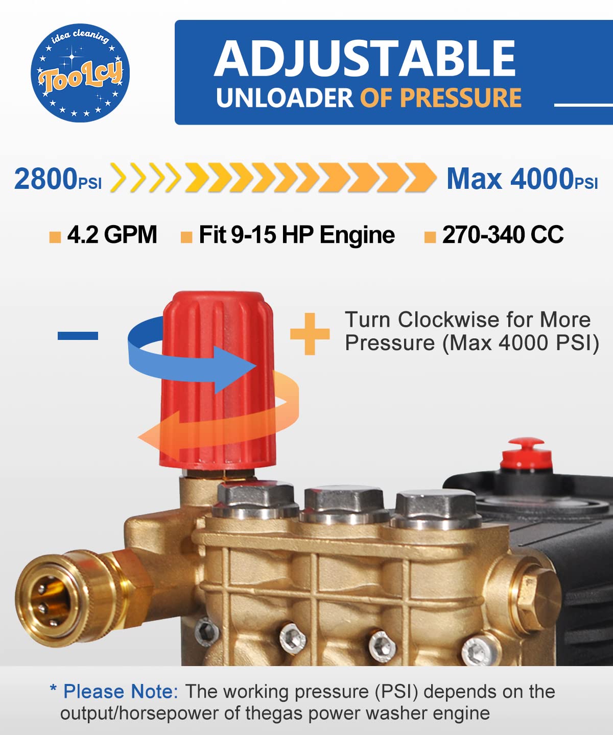 TOOLCY Pressure Washer Pump Max 4000 PSI 4.2 GPM, 1" Shaft Horizontal Gas Power Washer Pump Replacement, Direct Drive Triplex Plunger Replacement Pump with Pressure Adjustment Unloader, 5 Nozzle Tips