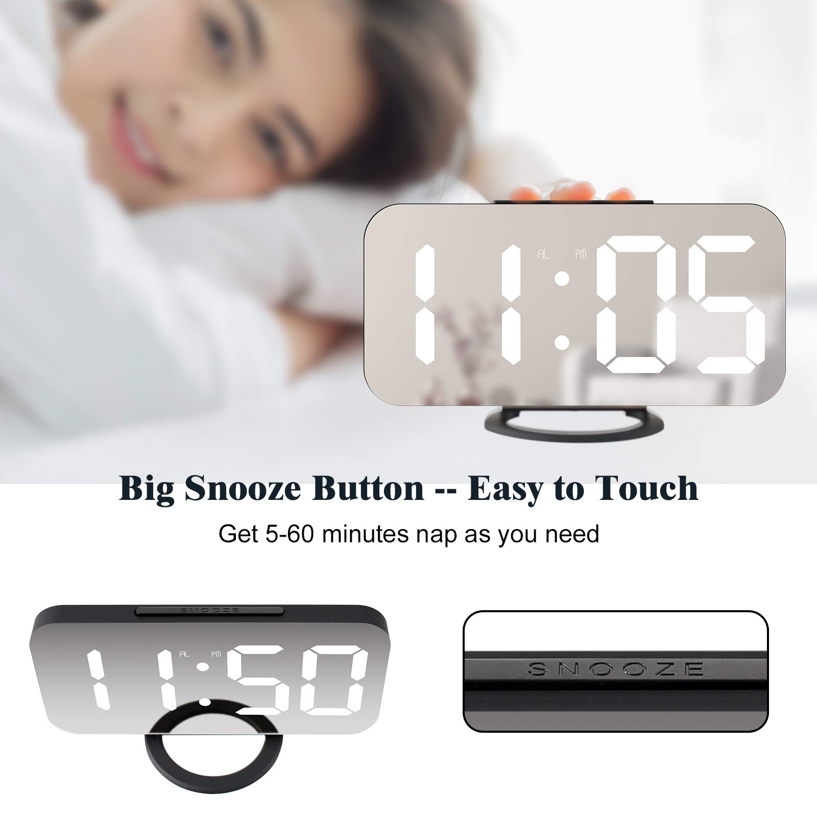 Lamisola Digital Alarm Clock, Large LED Mirror Display,2 USB Charging Ports,Auto Adjustable Brightness,Aesthetic Modern Clocks for Bedroom Living Room Office,Black