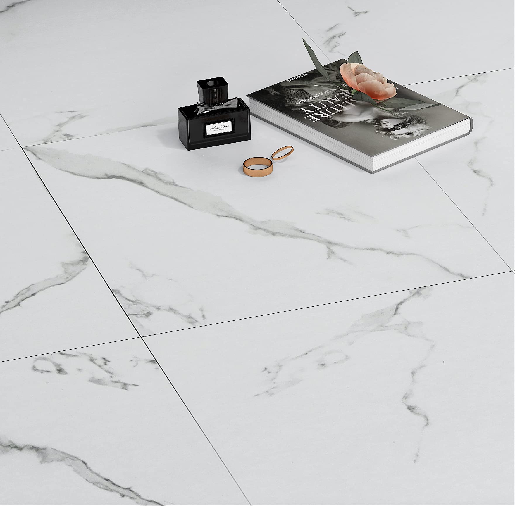 FunStick White Peel and Stick Floor Tile Waterproof 12x12 in Marble Adhesive Vinyl Flooring Peel and Stick Tiles for Bathroom Floor Tile Stickers Kitchen Laundry Room Bedroom Laminate Flooring 5 Pack