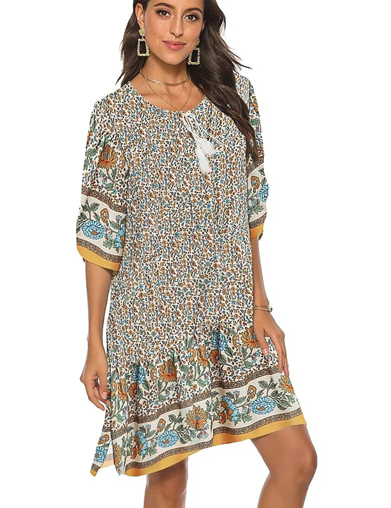 Women's Casual Floral Print Tie Neck Short Sleeve Summer Tunic Boho Dress Plus 2X Beige