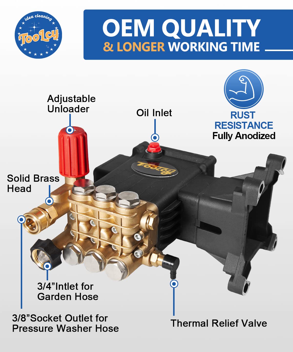 TOOLCY Pressure Washer Pump Max 4000 PSI 4.2 GPM, 1" Shaft Horizontal Gas Power Washer Pump Replacement, Direct Drive Triplex Plunger Replacement Pump with Pressure Adjustment Unloader, 5 Nozzle Tips
