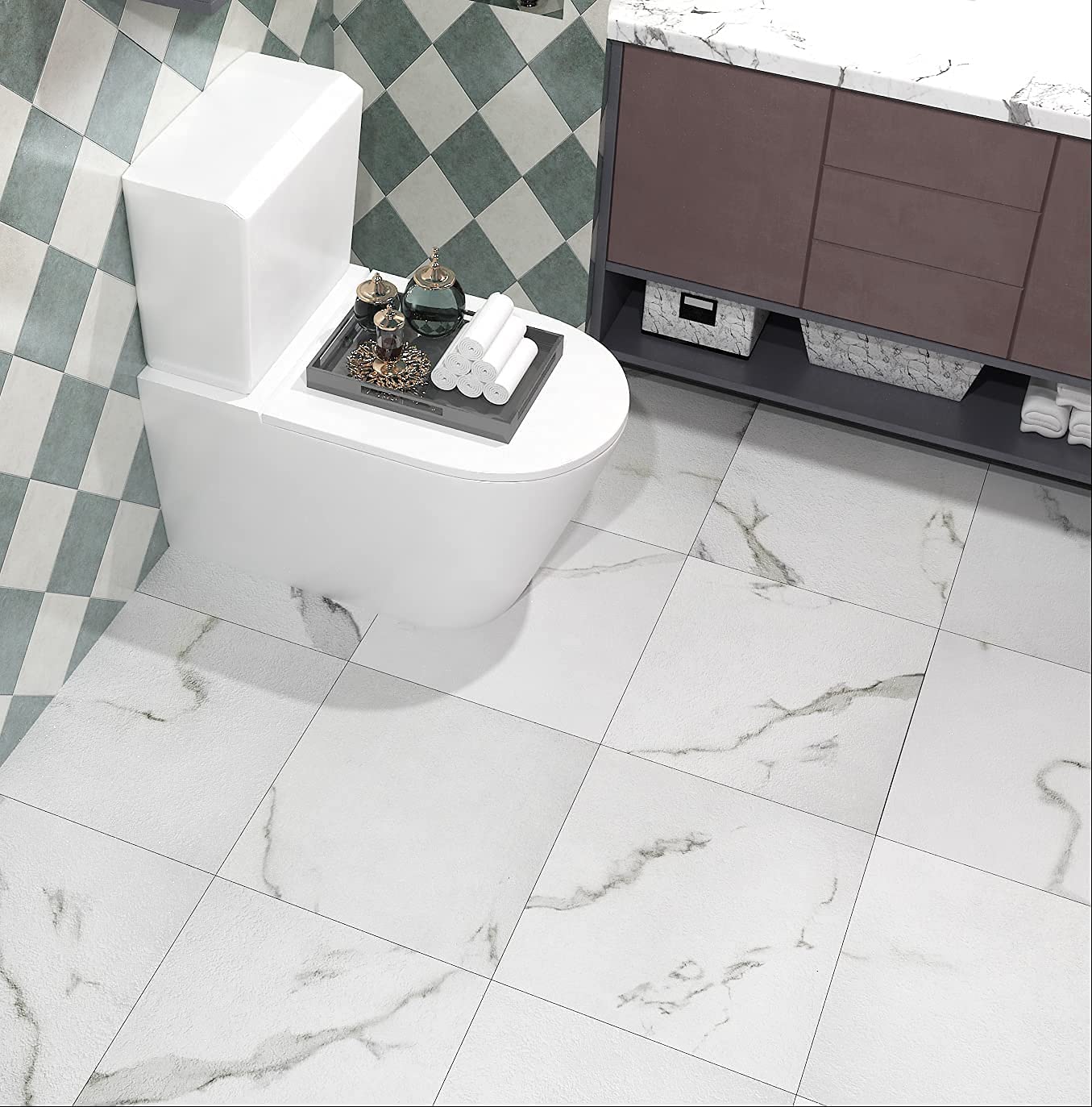 FunStick White Peel and Stick Floor Tile Waterproof 12x12 in Marble Adhesive Vinyl Flooring Peel and Stick Tiles for Bathroom Floor Tile Stickers Kitchen Laundry Room Bedroom Laminate Flooring 5 Pack
