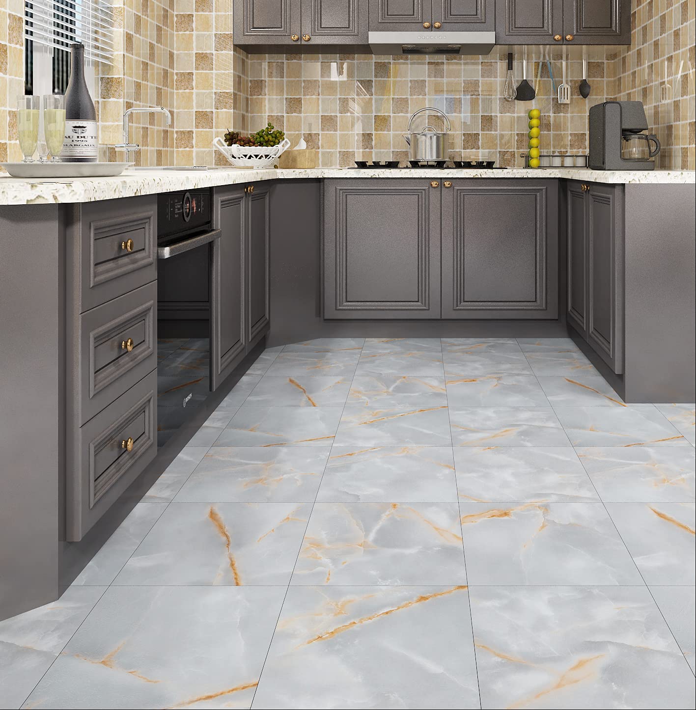 FunStick Grey Gold Marble Peel and Stick Floor Tile 12 x 12 Inch 15 Pack Self Adhesive Vinyl Flooring Peel and Stick Tiles for Floor Waterproof Kitchen Bathroom Bedroom Removable Floor Tile Stickers