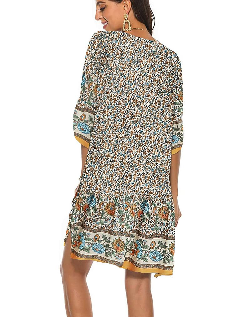 Women's Casual Floral Print Tie Neck Short Sleeve Summer Tunic Boho Dress Plus 2X Beige