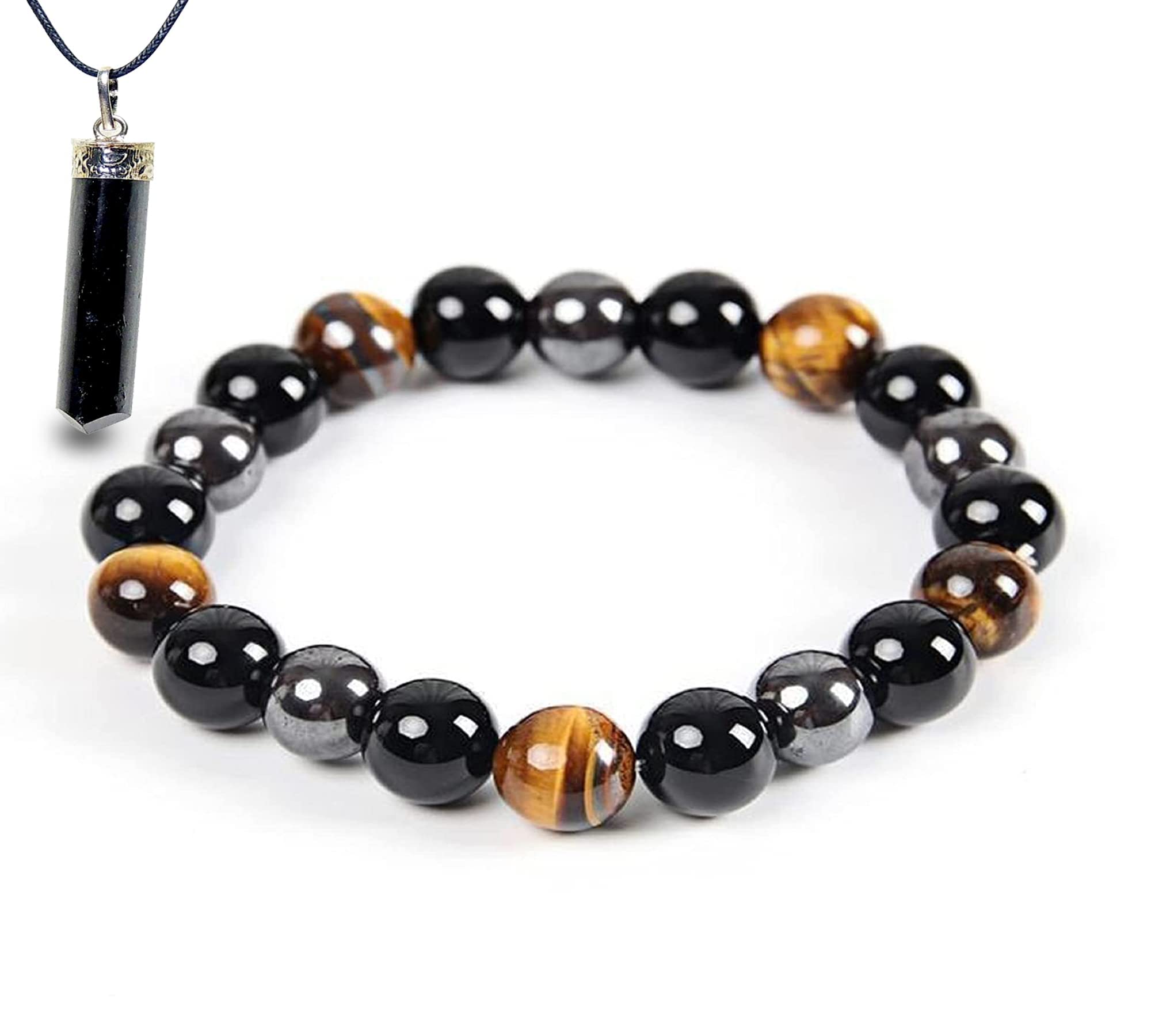 Handmade Bracelets for Women, Men Triple Protection Bead Bracelet -10 mm Hematite, Black Obsidian, Tiger Eye Jewelry Protection - Healing Stone Bead Bracelets for Women and Men Black Obsidian Bracelet