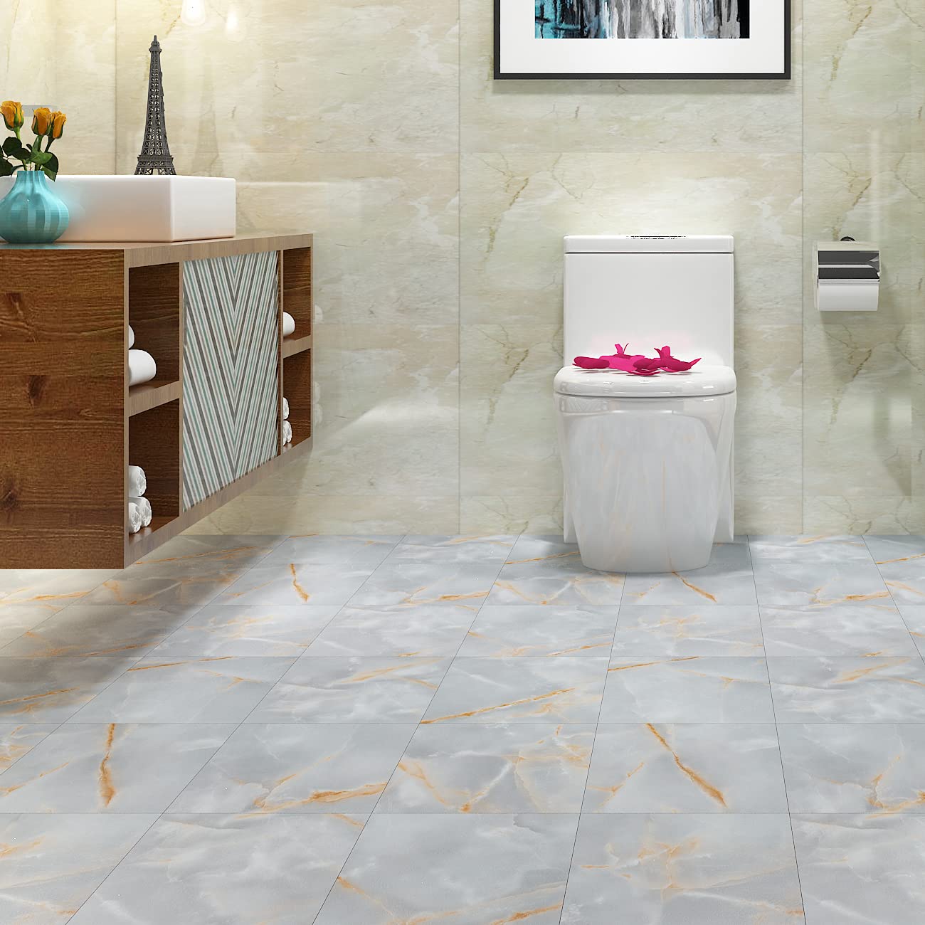 FunStick Grey Gold Marble Peel and Stick Floor Tile 12 x 12 Inch 15 Pack Self Adhesive Vinyl Flooring Peel and Stick Tiles for Floor Waterproof Kitchen Bathroom Bedroom Removable Floor Tile Stickers