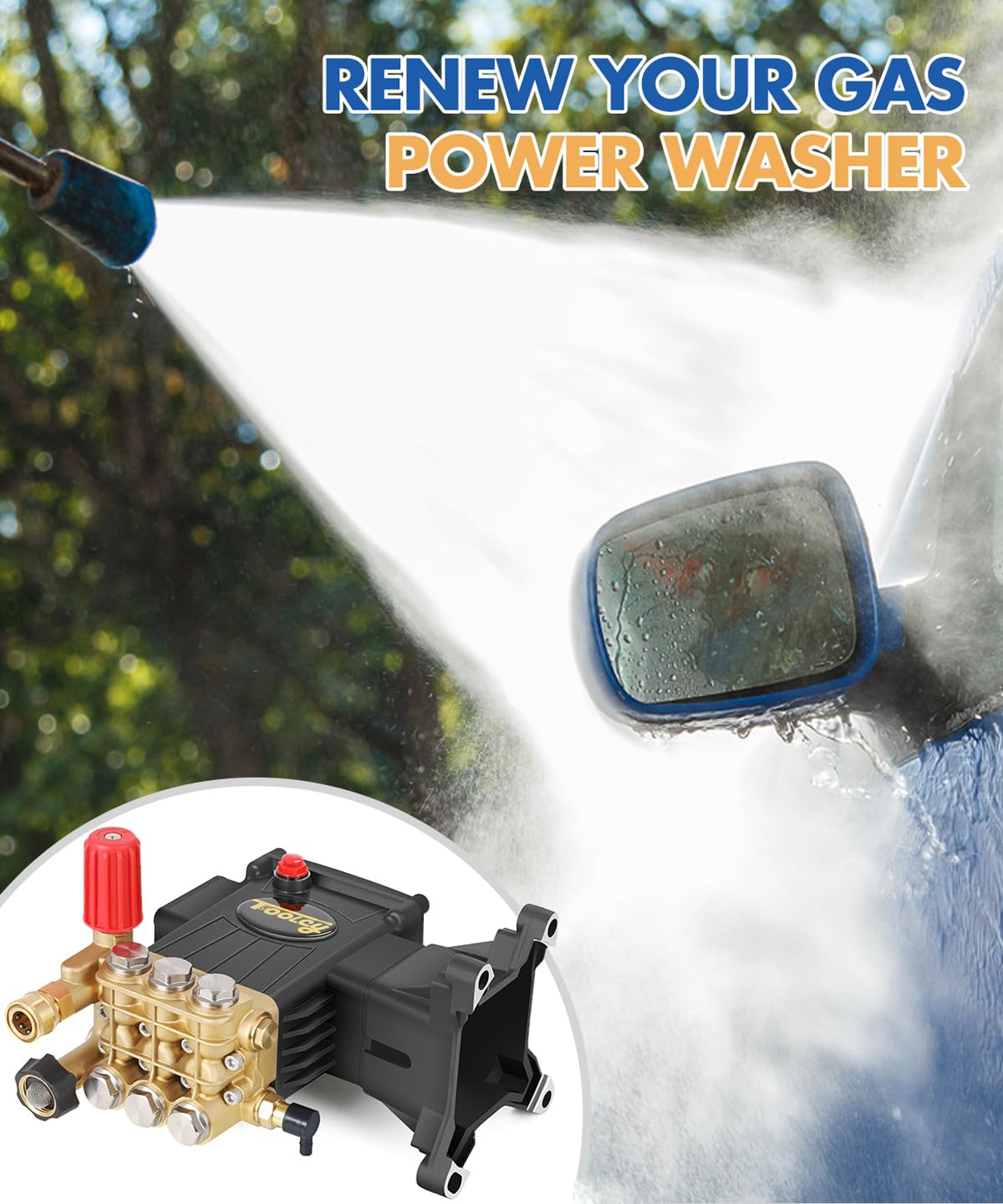 TOOLCY Pressure Washer Pump Max 4000 PSI 4.2 GPM, 1" Shaft Horizontal Gas Power Washer Pump Replacement, Direct Drive Triplex Plunger Replacement Pump with Pressure Adjustment Unloader, 5 Nozzle Tips
