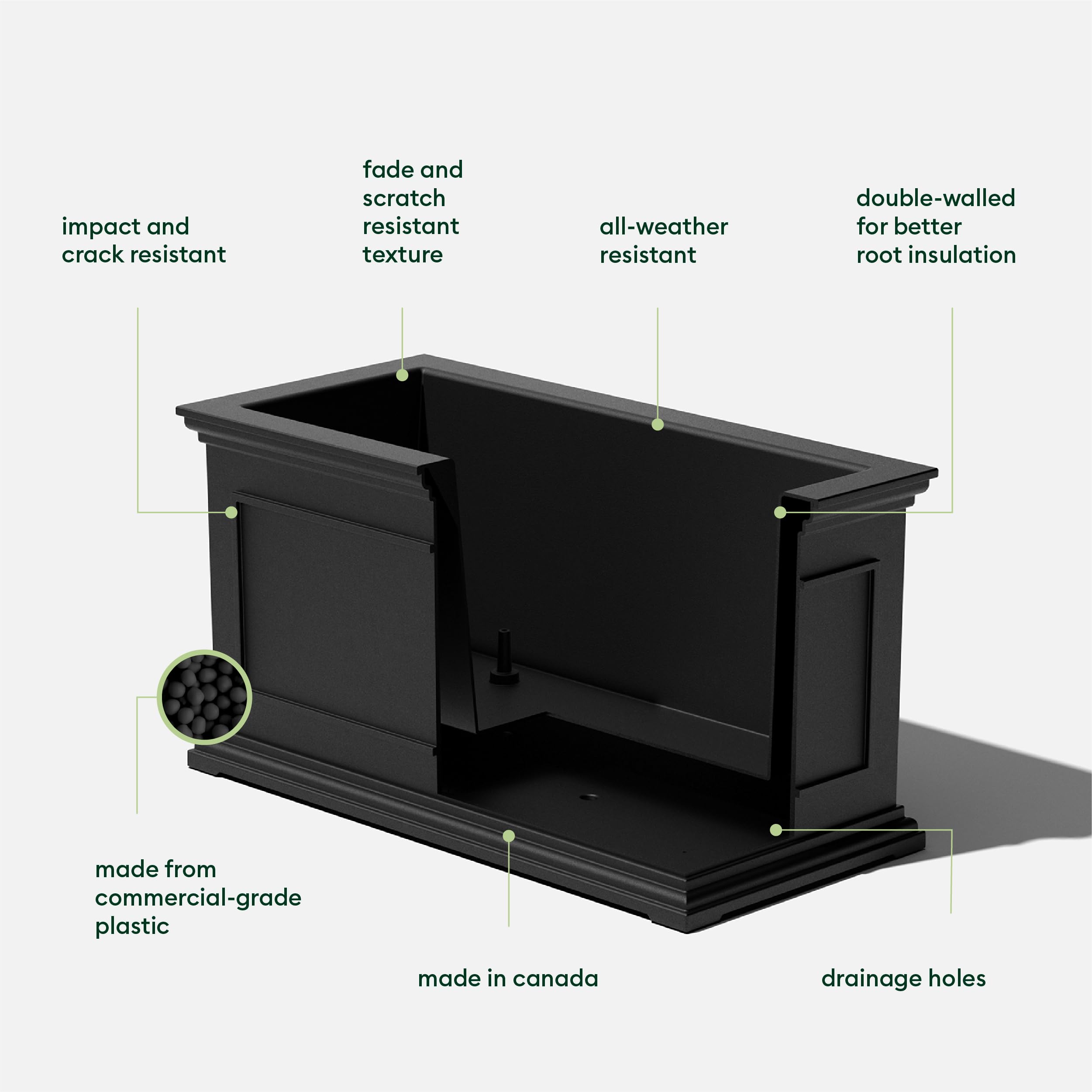 Veradek Brixton Series Large Plastic Planter - Black, Outdoor Patio/Balcony, All-Weather Resistant, Dimensions: 17.5"H x 16"W x 32"L, Classic Estate Design for Flowers, Trees, Shrubs