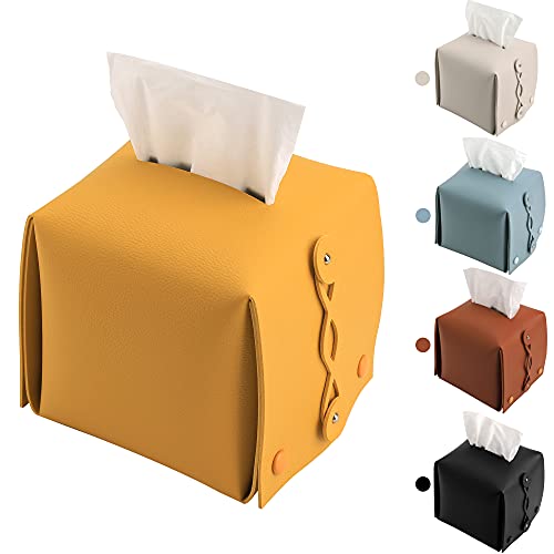 Kevancho Leather Tissue Box Cover Square, Tissue Box Holder Dispenser for Car, Home, Bathroom, Bedroom, Office, Night Stands, Desks and Tables (Yellow, Square)