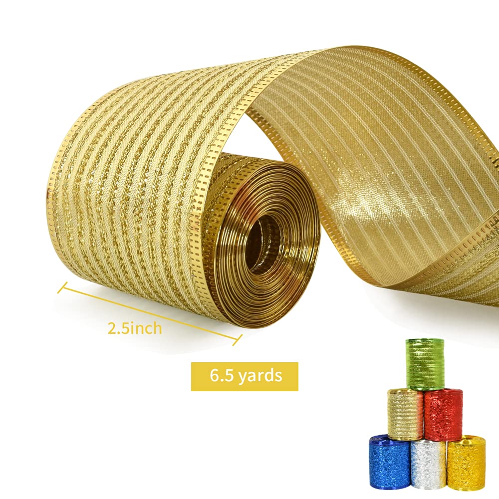 TONIFUL Christmas Ribbon Bright Champagne Gold Wired Edged Ribbons Roll Sparking Metallic Glitter Ribbon 2-1/2 Inch Wide for Xmas Tree Decorations Wreath DIY Crafts Bows Tree Gift Wrapping(6.5 Yards)
