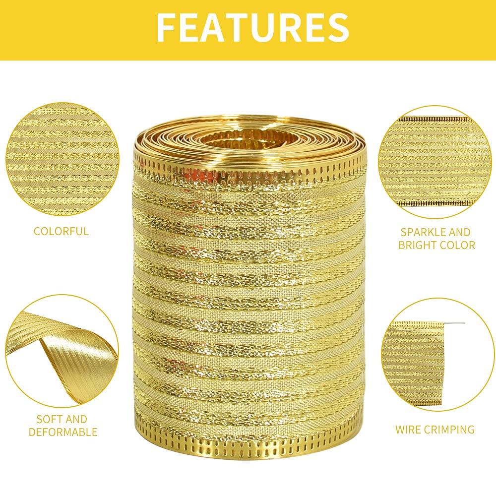TONIFUL Christmas Ribbon Bright Champagne Gold Wired Edged Ribbons Roll Sparking Metallic Glitter Ribbon 2-1/2 Inch Wide for Xmas Tree Decorations Wreath DIY Crafts Bows Tree Gift Wrapping(6.5 Yards)