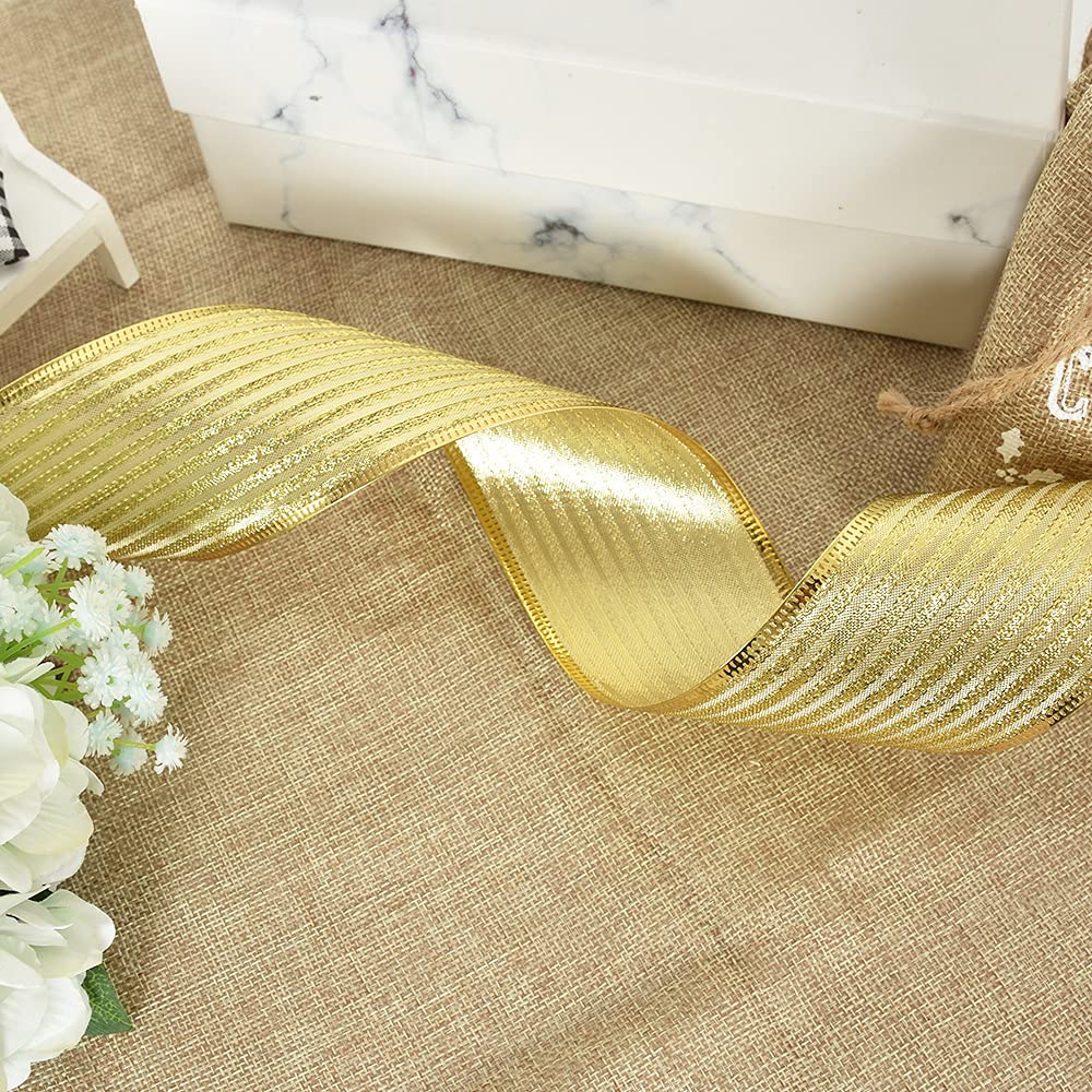 TONIFUL Christmas Ribbon Bright Champagne Gold Wired Edged Ribbons Roll Sparking Metallic Glitter Ribbon 2-1/2 Inch Wide for Xmas Tree Decorations Wreath DIY Crafts Bows Tree Gift Wrapping(6.5 Yards)