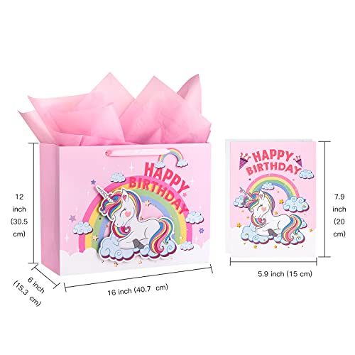 WRAPAHOLIC 16" Extra Large Birthday Gift Bag with Card and Tissue Paper - Fantacy Unicorn Happy Birthday