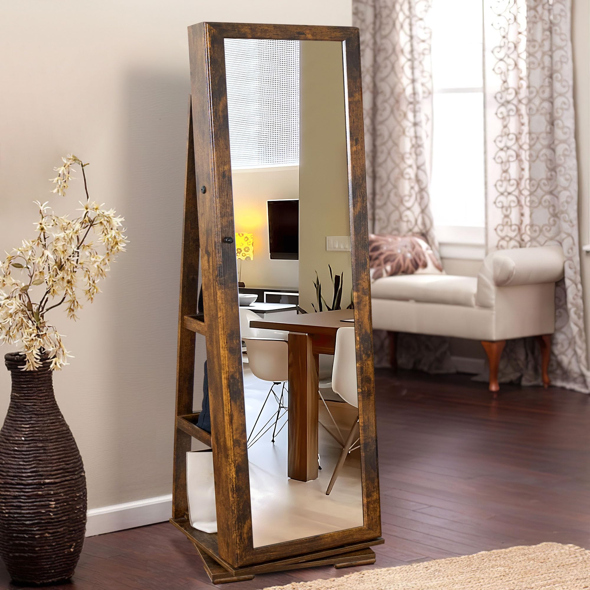 sogesfurniture Lockable Floor Standing Wooden Jewelry Armoire with Full Length Mirror 360°Rotatable Jewelry Organizer Cabinet Lockable with Storage Shelf, Rustic Brown,BHUS-QH-7021C-FG