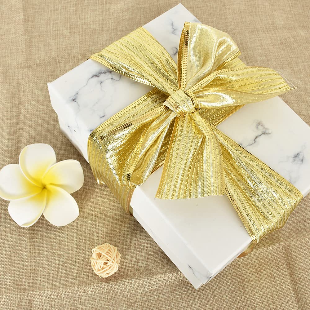 TONIFUL Christmas Ribbon Bright Champagne Gold Wired Edged Ribbons Roll Sparking Metallic Glitter Ribbon 2-1/2 Inch Wide for Xmas Tree Decorations Wreath DIY Crafts Bows Tree Gift Wrapping(6.5 Yards)