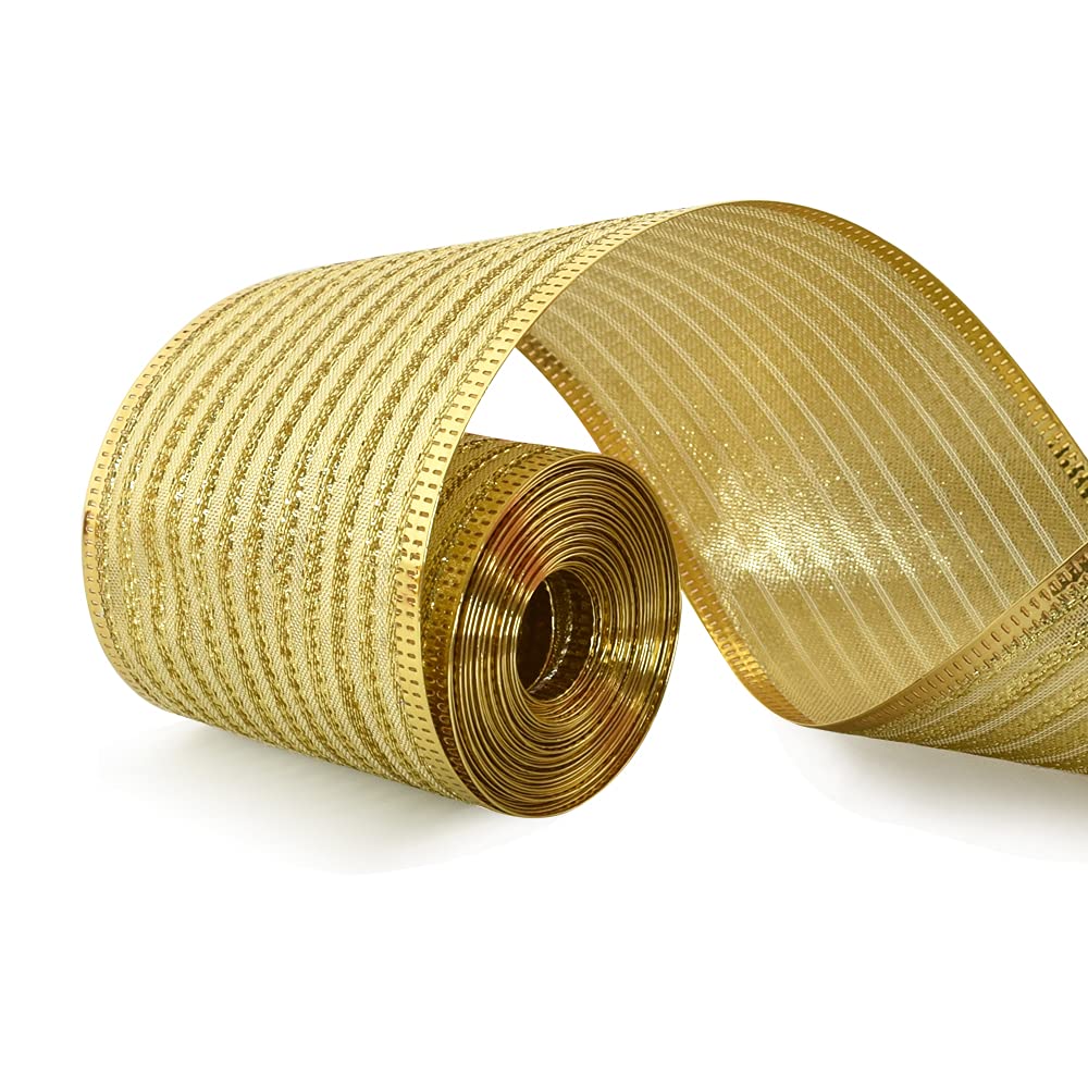TONIFUL Christmas Ribbon Bright Champagne Gold Wired Edged Ribbons Roll Sparking Metallic Glitter Ribbon 2-1/2 Inch Wide for Xmas Tree Decorations Wreath DIY Crafts Bows Tree Gift Wrapping(6.5 Yards)