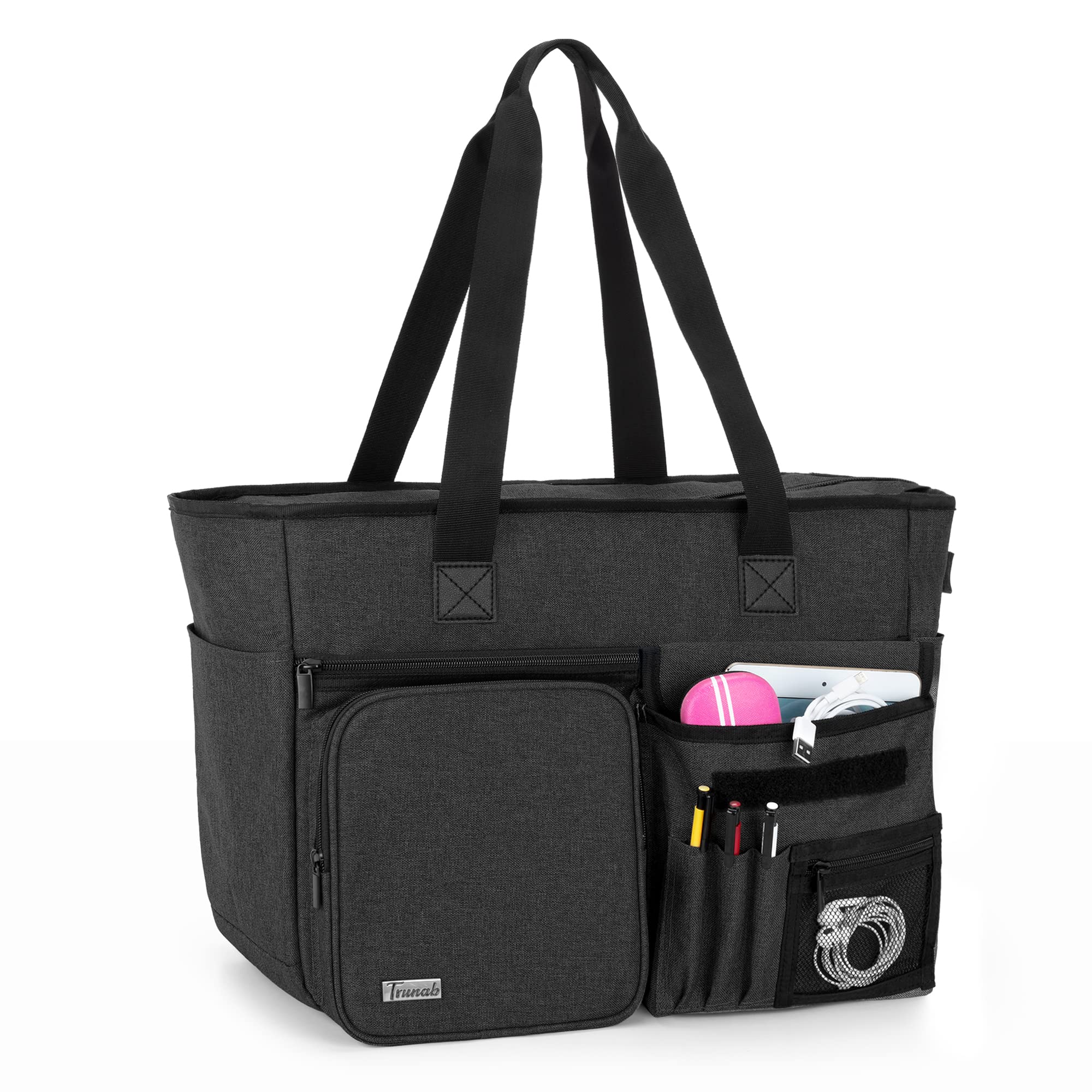 Trunab Teacher Tote Bag, Teacher Work Bag with Multiple Pocket and Padded Compartment for up to 15.6”Laptop, Zip Top Utility Carrying Bag for Working Women, Travel, Office, Business, Black