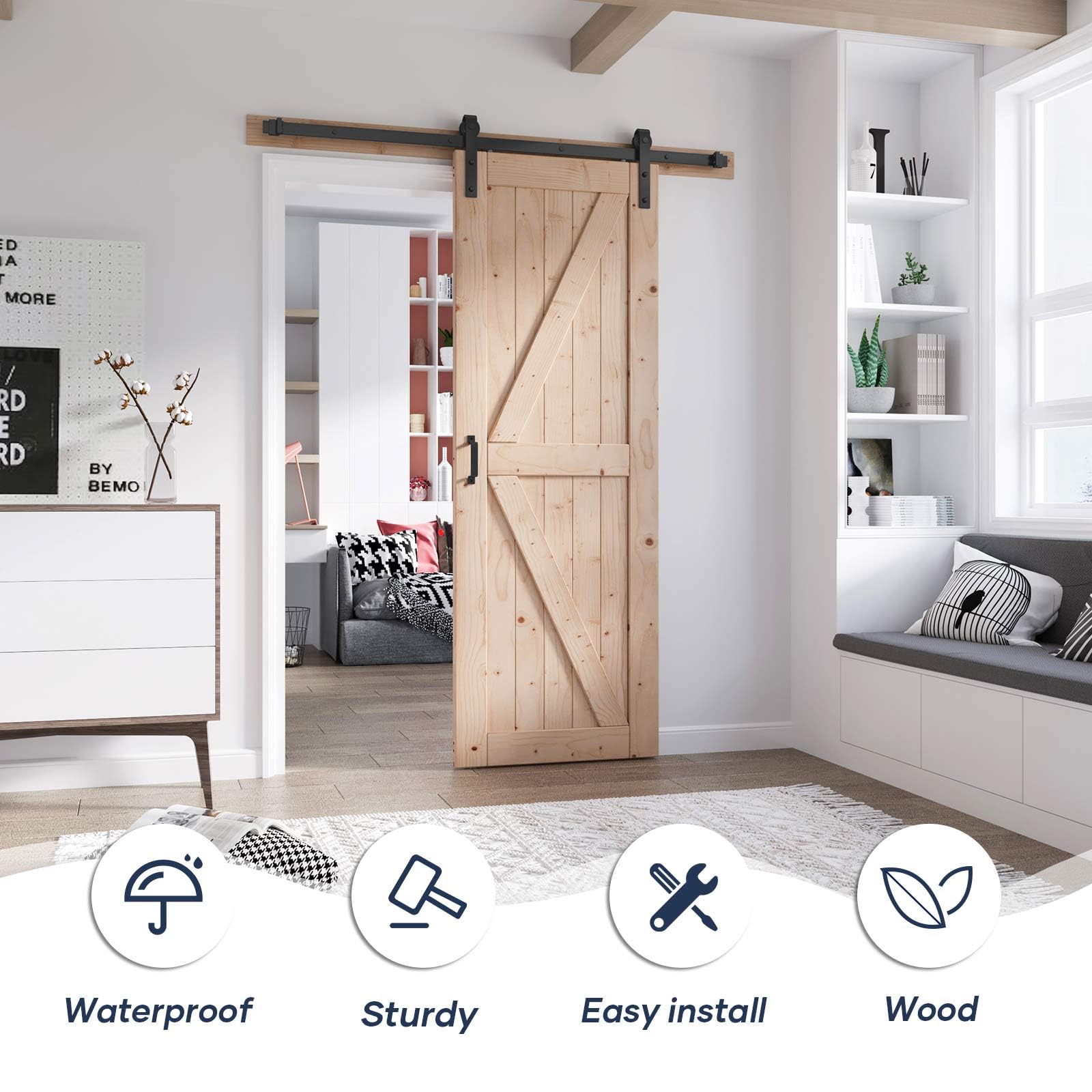FREDBECK 30in x 84in Sliding Barn Door with 5FT Barn Door Hardware Kit Included K Shape Solid Spruce Wood Panel Need to Assembly