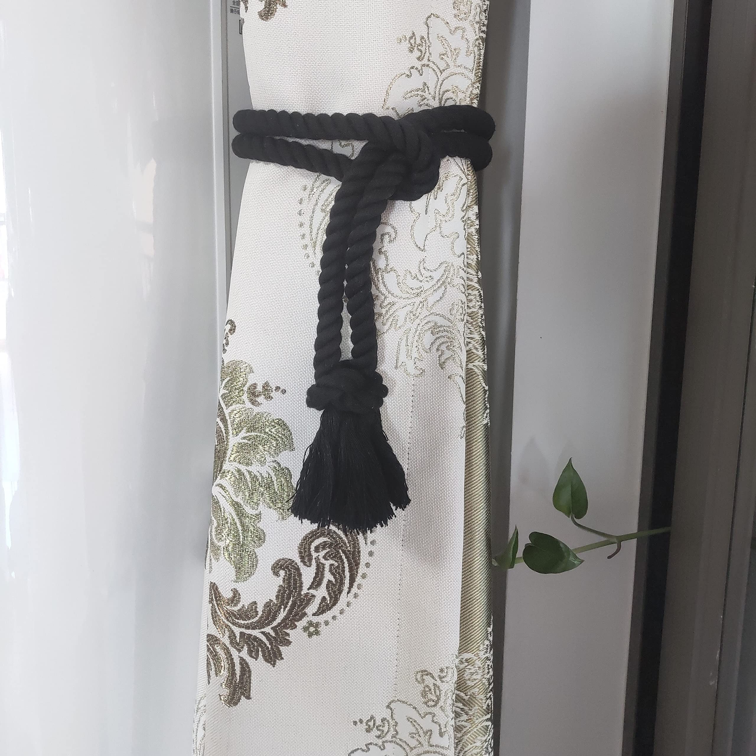 Yteseery 2 Pack Curtain tiebacks Rope, Outdoor Curtain Tiebacks, Natural Cotton Curtain Ties, Village Rural Rustic Farmhouse Curtain Holdbacks Curtain tie Backs Holders for Heavy Duty Drapes, Black