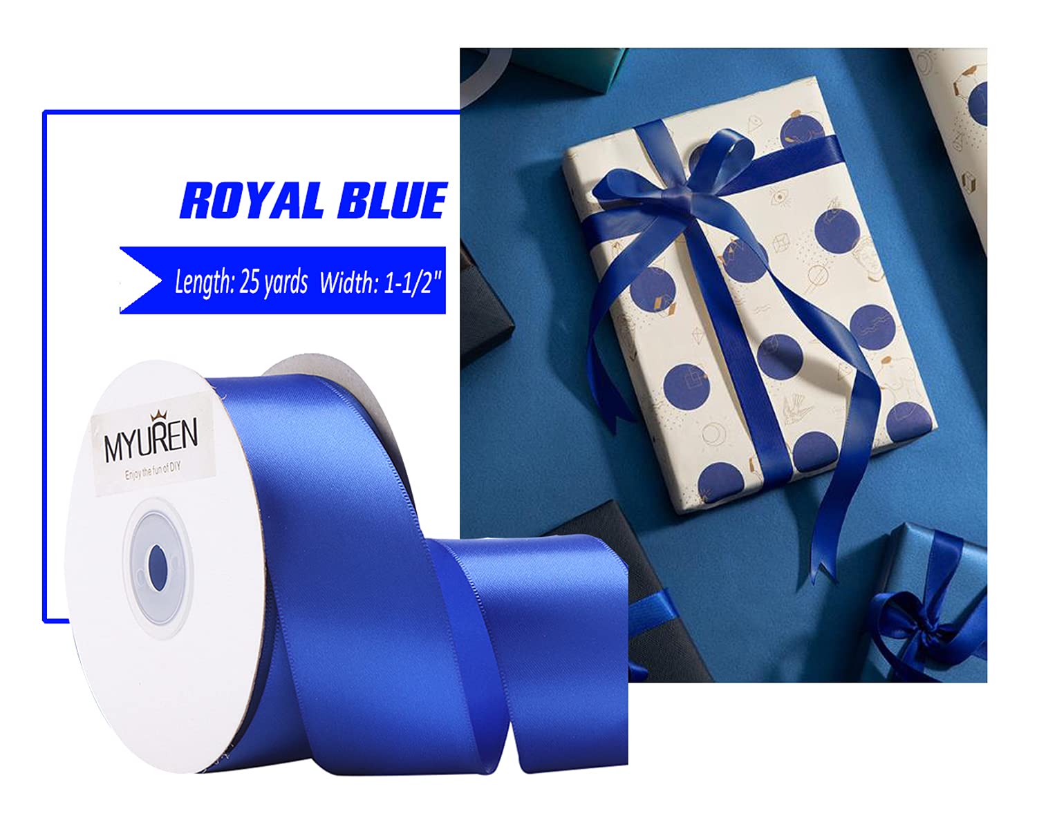 1-1/2" Wide Double Faced Royal Blue Polyester Satin Ribbon for Crafts, Wedding, Gift Wrapping, Bow Making,Party Decoration, Christmas Tree Deco (25 Yards)