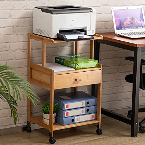 ALIMORDEN 3-Tiers Mobile Printer Stand Holder with Drawer, Rolling Cart with Wheels, Bamboo Rack for Home and Office