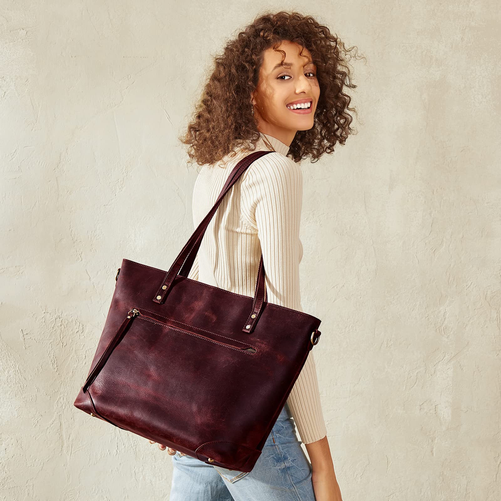 S-ZONE Vintage Genuine Leather Shoulder Laptop Bag Work Totes for Women Purse Handbag with Back Zipper Pocket