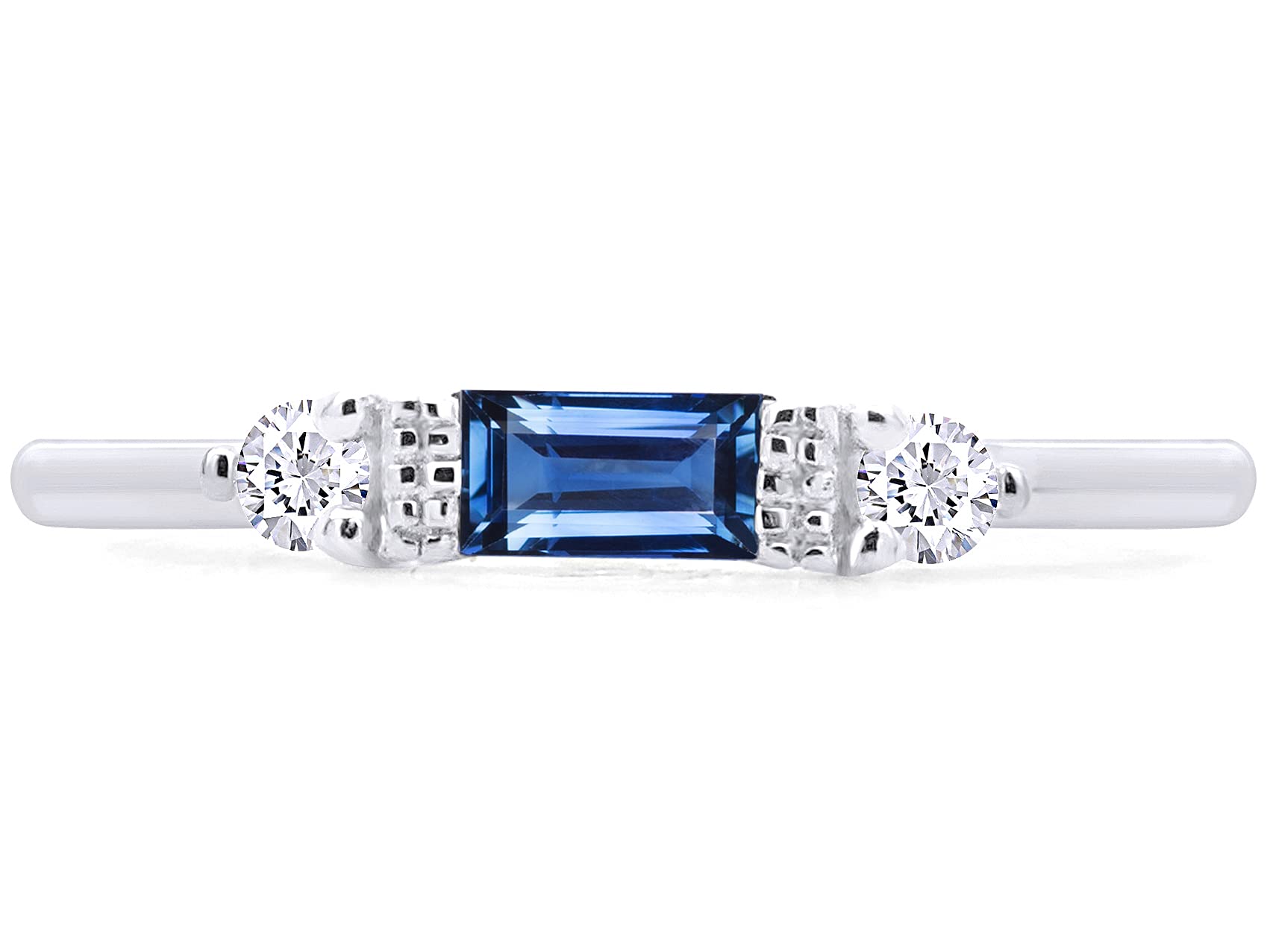 AFFY Baguette Simulated Sapphire Blue & White Cubic Zirconia 14K White Gold Over Sterling Silver Three Stone Design Bridal Engagement Wedding Ring Jewelry for Women Size -8