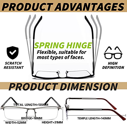 JJWELL 3 Pack Blue Light Reading Glasses for Men, Lightweight Metal Rectangle Semi Rimless Readers for Men, Anti Eyestrain/Computer Glare/UV, Half Frame Spring Hinge Eyeglasses with Pouches