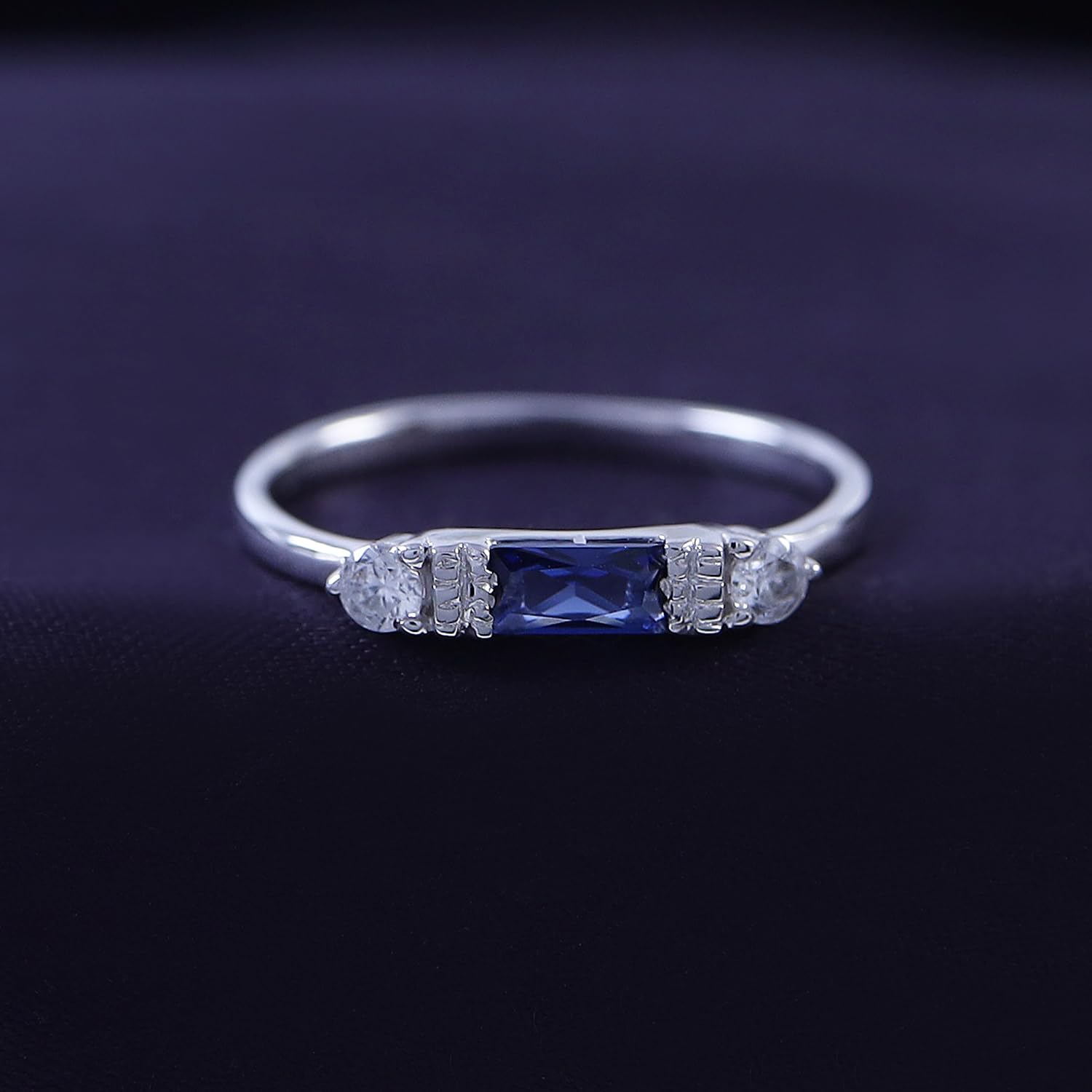 AFFY Baguette Simulated Sapphire Blue & White Cubic Zirconia 14K White Gold Over Sterling Silver Three Stone Design Bridal Engagement Wedding Ring Jewelry for Women Size -8