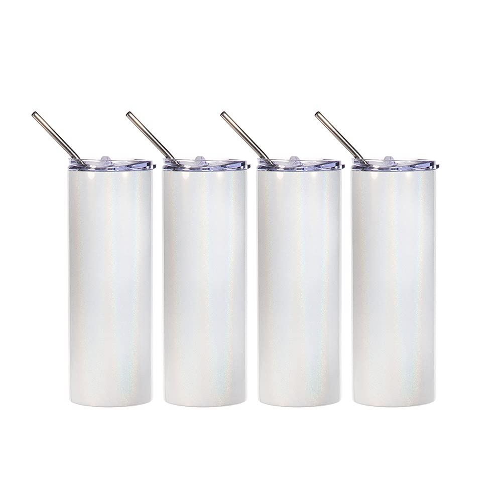 PYD Life Sublimation Glitter Tumblers Rainbow White Blank Straight 20 OZ Skinny Cups with Lid and Metal Straw 4 Pack