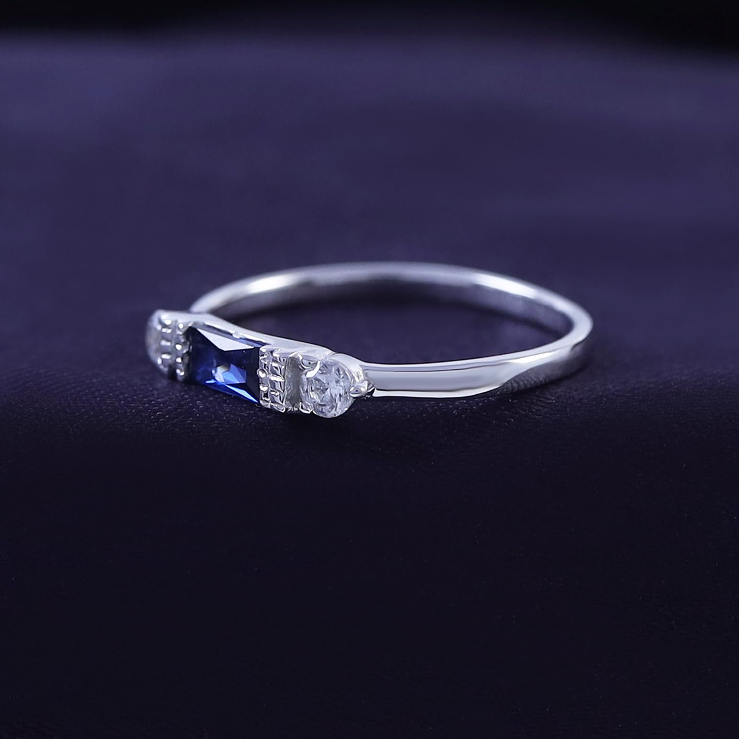 AFFY Baguette Simulated Sapphire Blue & White Cubic Zirconia 14K White Gold Over Sterling Silver Three Stone Design Bridal Engagement Wedding Ring Jewelry for Women Size -8