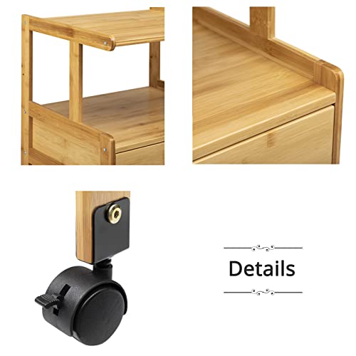 ALIMORDEN 3-Tiers Mobile Printer Stand Holder with Drawer, Rolling Cart with Wheels, Bamboo Rack for Home and Office