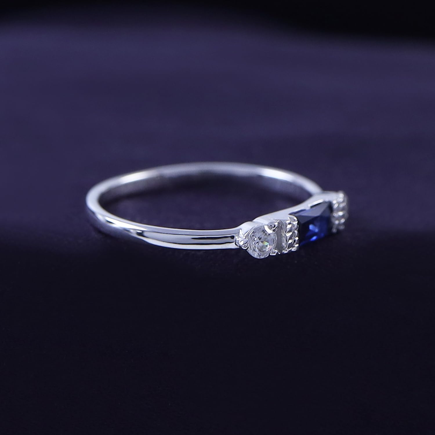 AFFY Baguette Simulated Sapphire Blue & White Cubic Zirconia 14K White Gold Over Sterling Silver Three Stone Design Bridal Engagement Wedding Ring Jewelry for Women Size -8