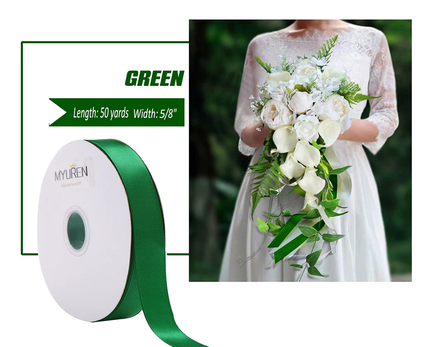5/8 inch Double Faced Green Polyester Satin Ribbon for Gift Wrapping,Party Favor, Baby Shower,Invitation Embellishments,Floral Arrangement Craft Supplies (50 Yards)