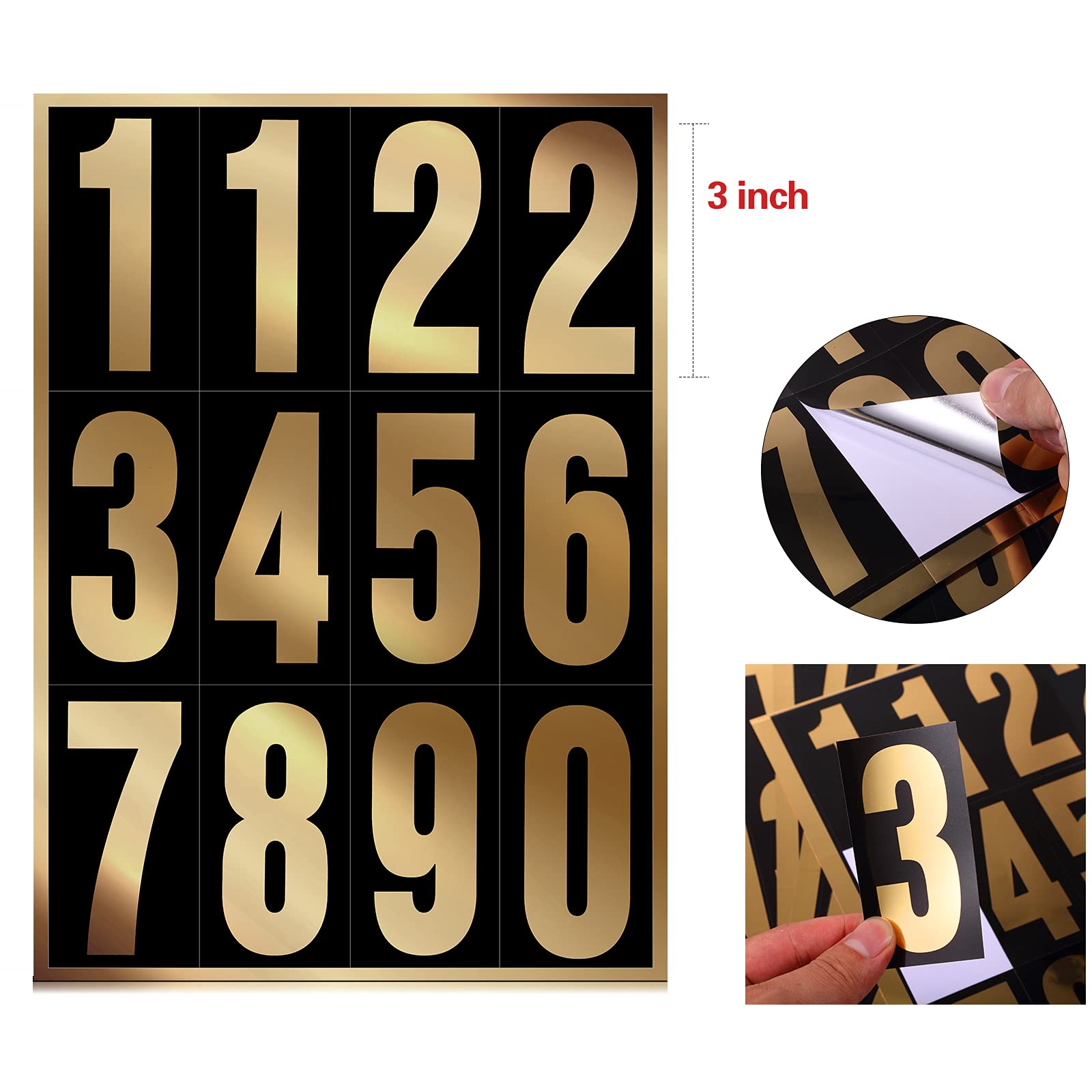 Tenare 96 pieces 8 Set Reflective Mailbox Numbers Vinyl Waterproof Numbers 0-9 Self Adhesive for Outside Signs Door Trucks Address Trash(3 Inch,Gold in Black)