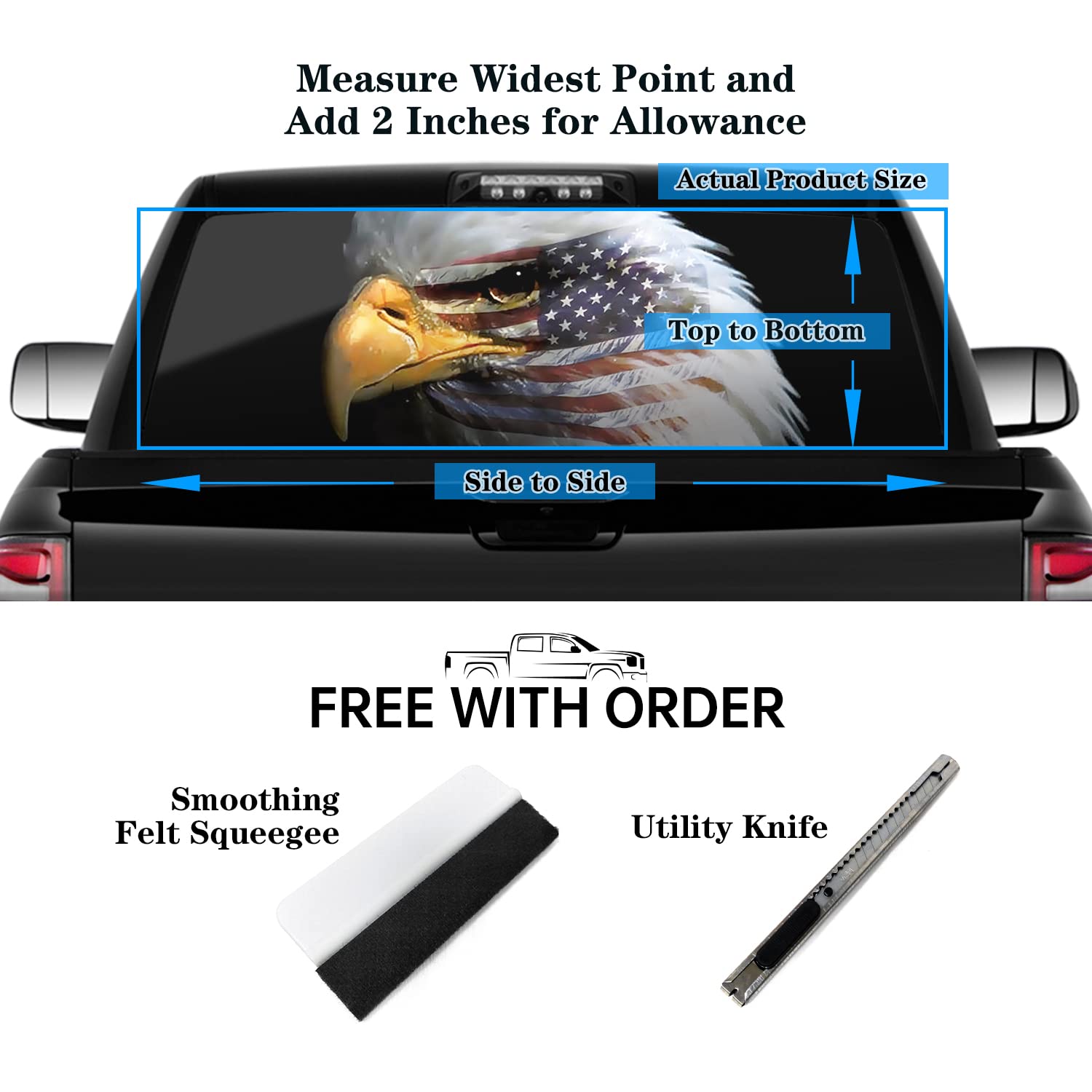 WILDLAVIE Truck Rear Window Perforated Decal Wrap Size 66" x 20" American Flag Eagle Graphic Vinyl Sticker Patriotic Decoration Fit Most Pickup Trucks SUV