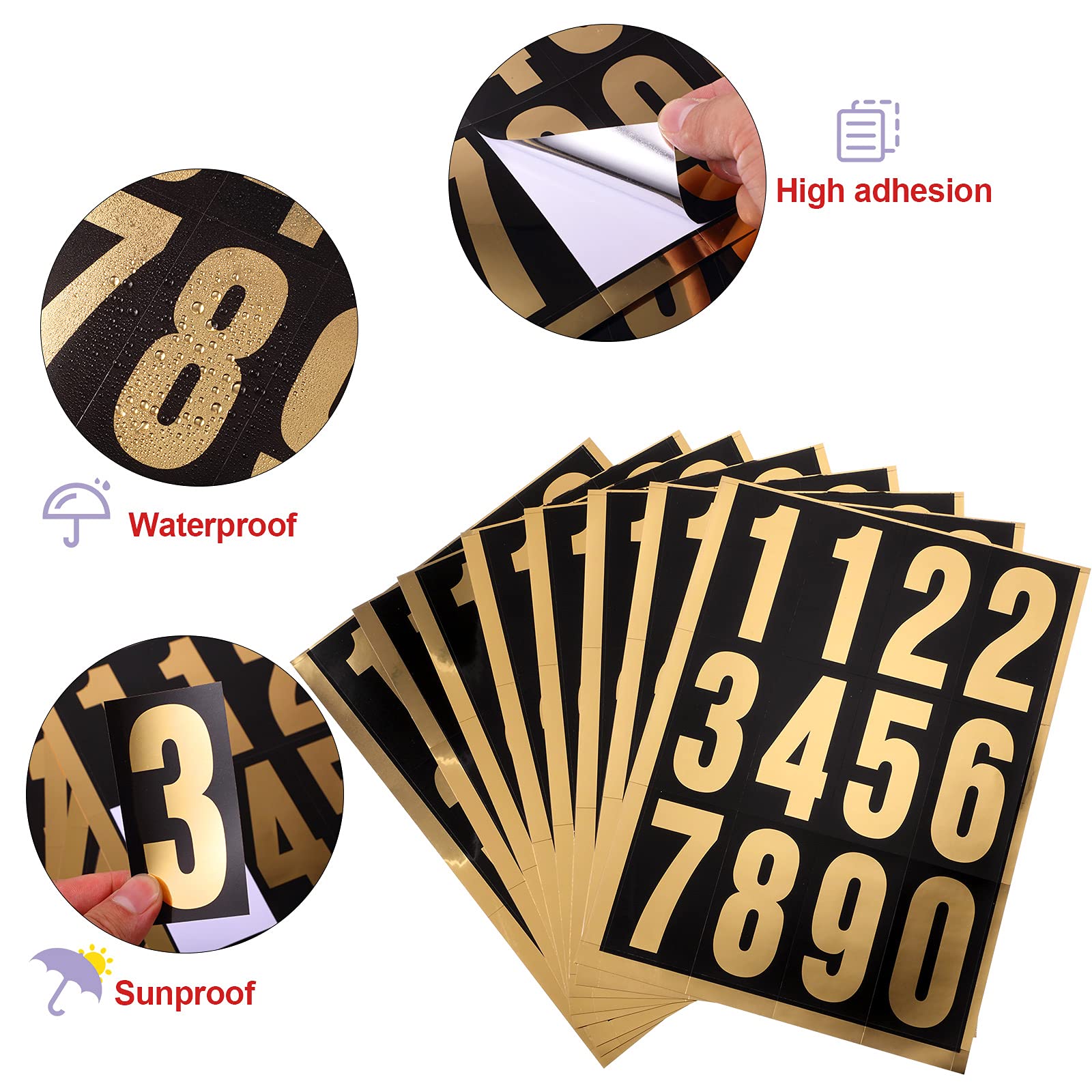 Tenare 96 pieces 8 Set Reflective Mailbox Numbers Vinyl Waterproof Numbers 0-9 Self Adhesive for Outside Signs Door Trucks Address Trash(3 Inch,Gold in Black)
