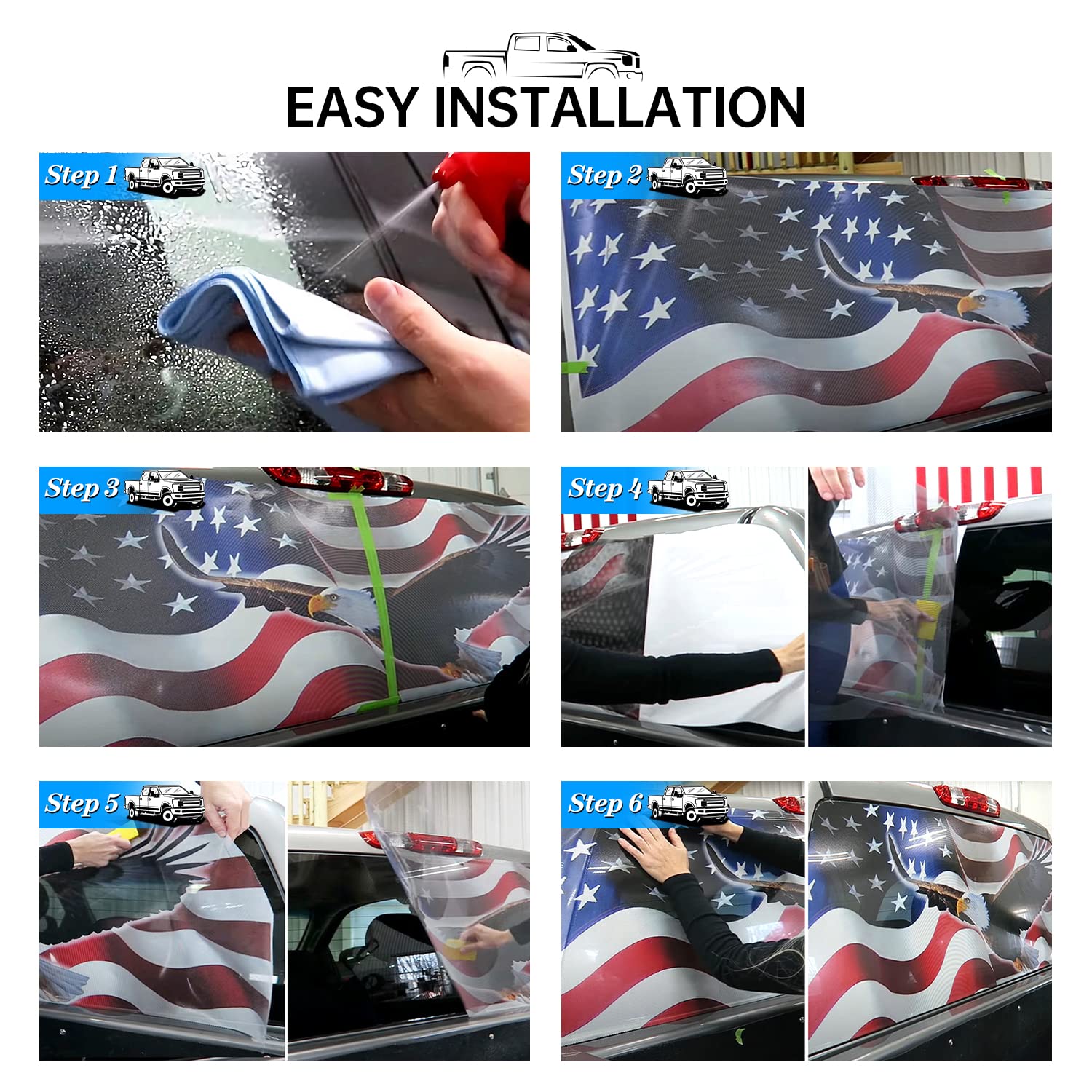 WILDLAVIE Truck Rear Window Perforated Decal Wrap Size 66" x 20" American Flag Eagle Graphic Vinyl Sticker Patriotic Decoration Fit Most Pickup Trucks SUV