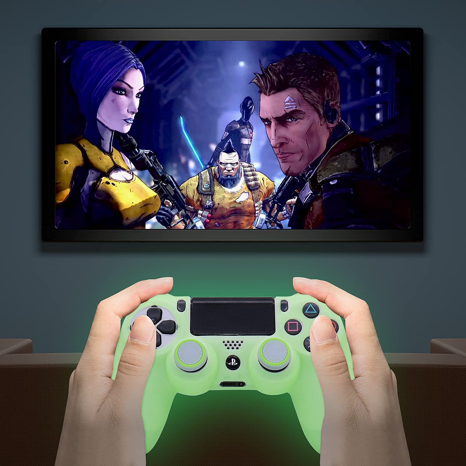 HLRAO Green Anti-Slip Glow in The Dark Protective Silicone Cover Skin Grips Compatible with PS4/Slim/Pro Controller with 8 PCS Thumb Grips Caps and 2 Grips Caps Glow in The Dark.
