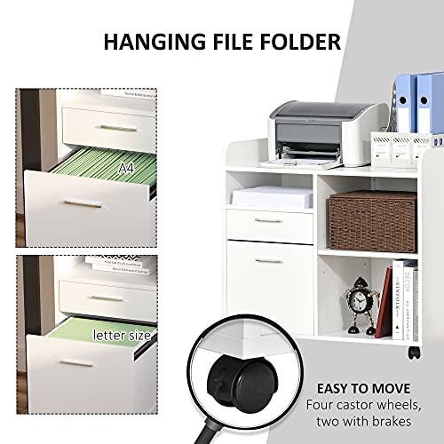 Vinsetto Filing Cabinet Printer Stand Mobile Lateral File Cabinet with 2 Drawers, 3 Open Storage Shelves for Home Office Organization, White