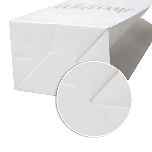 Wedding Welcome Bags - 24 Piece Elegant Wedding Gift Bags with Word ‘’Welcome’’ Embossed in Gold Foil Letters - 4.75" x 8" x 10.25" Inches - White (Pack of 24)