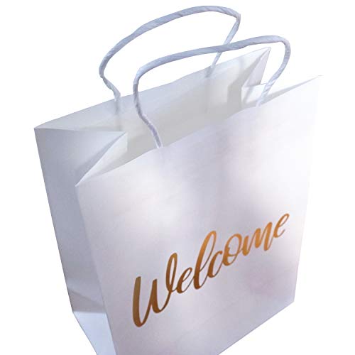 Wedding Welcome Bags - 24 Piece Elegant Wedding Gift Bags with Word ‘’Welcome’’ Embossed in Gold Foil Letters - 4.75" x 8" x 10.25" Inches - White (Pack of 24)