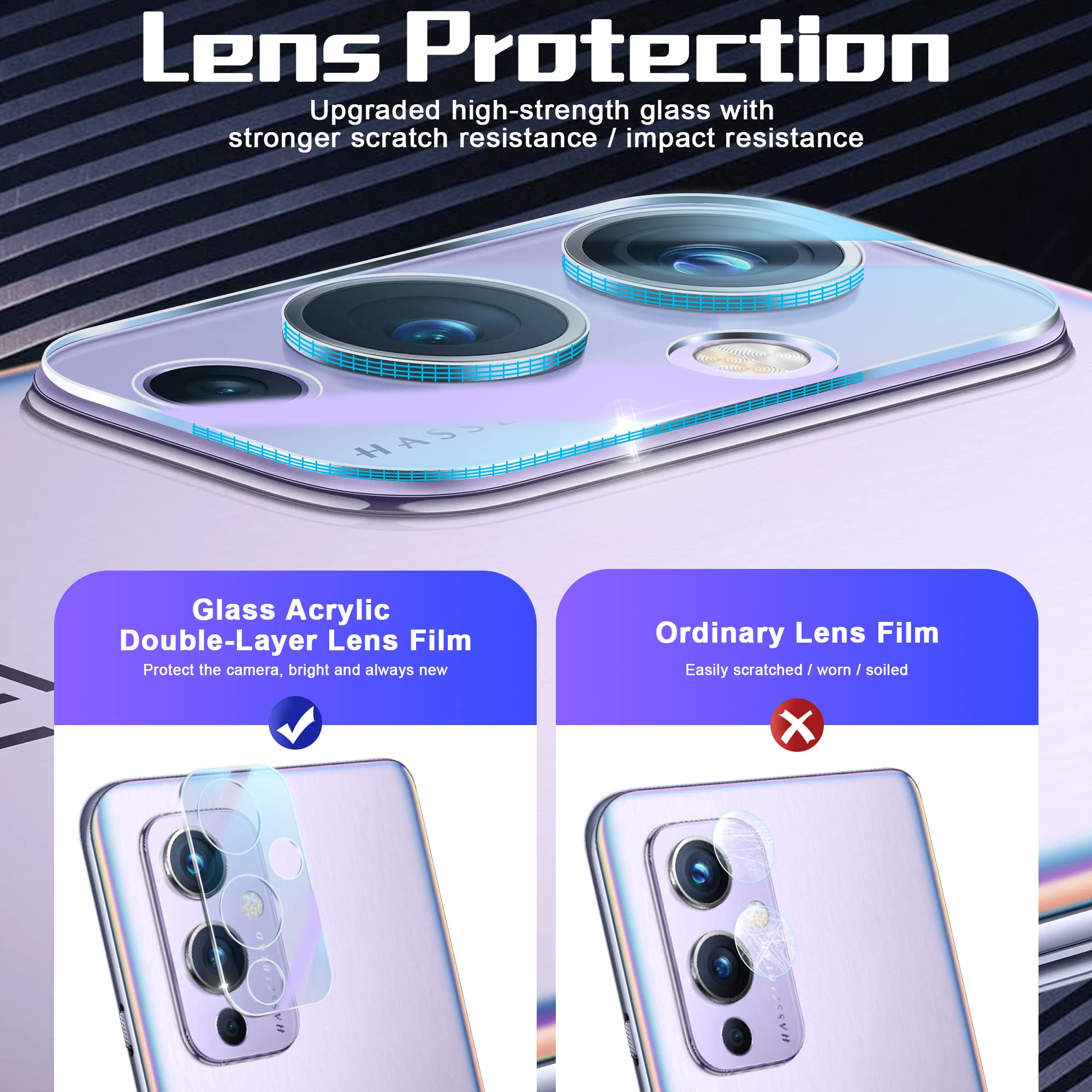 Orzero (2+2) Compatible for OnePlus 9, 2 Pack Tempered Glass Screen Protector + 2 Pack Glass Compound Acrylic Camera Lens Protector Anti-Scratch High Definition
