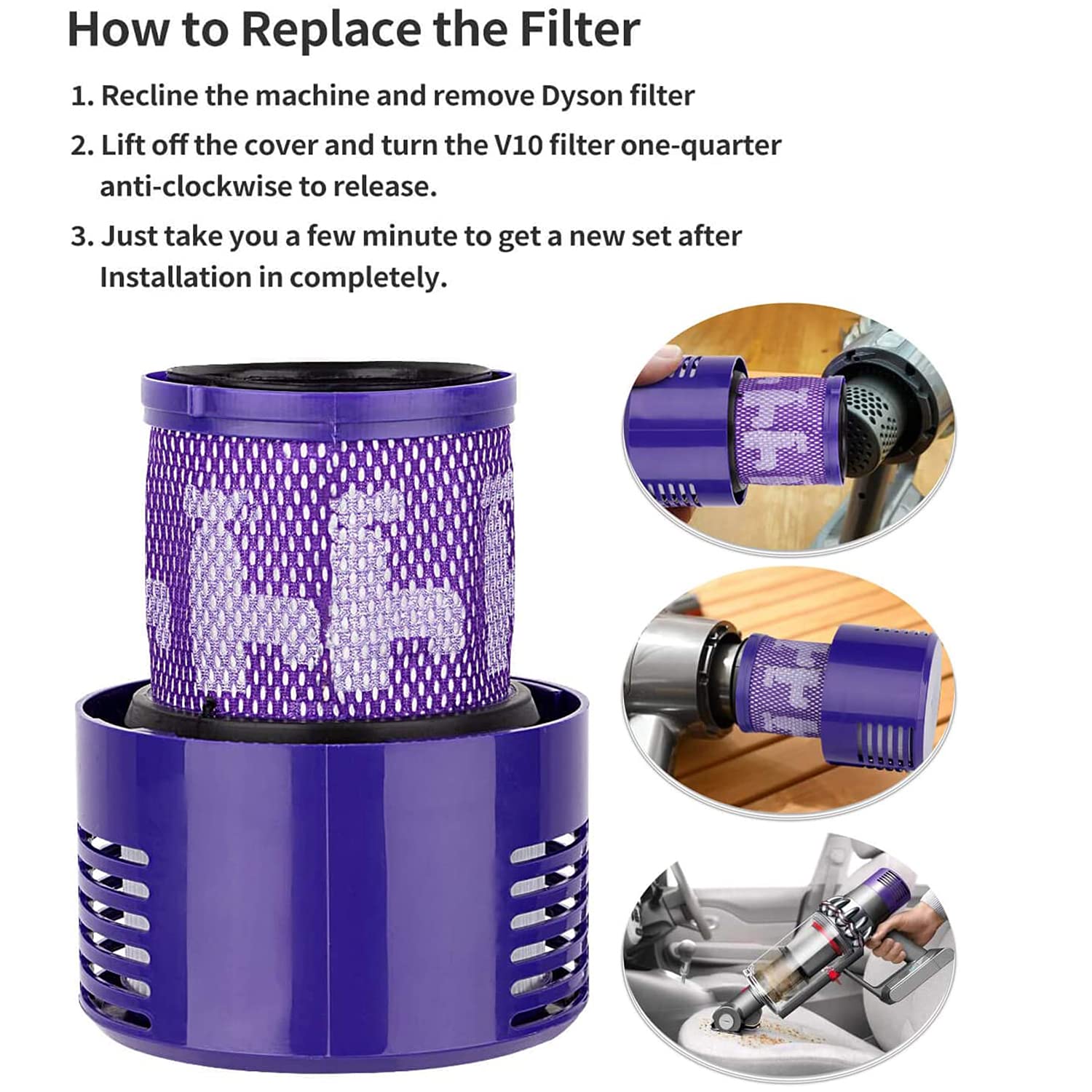 Dyson V10 Cyclone Series Replacement Filter - 2 Pack Washable Hepa Filter for V10 Absolute, Animal, Total Clean, Motorhead, SV12 (Part #969082-01)