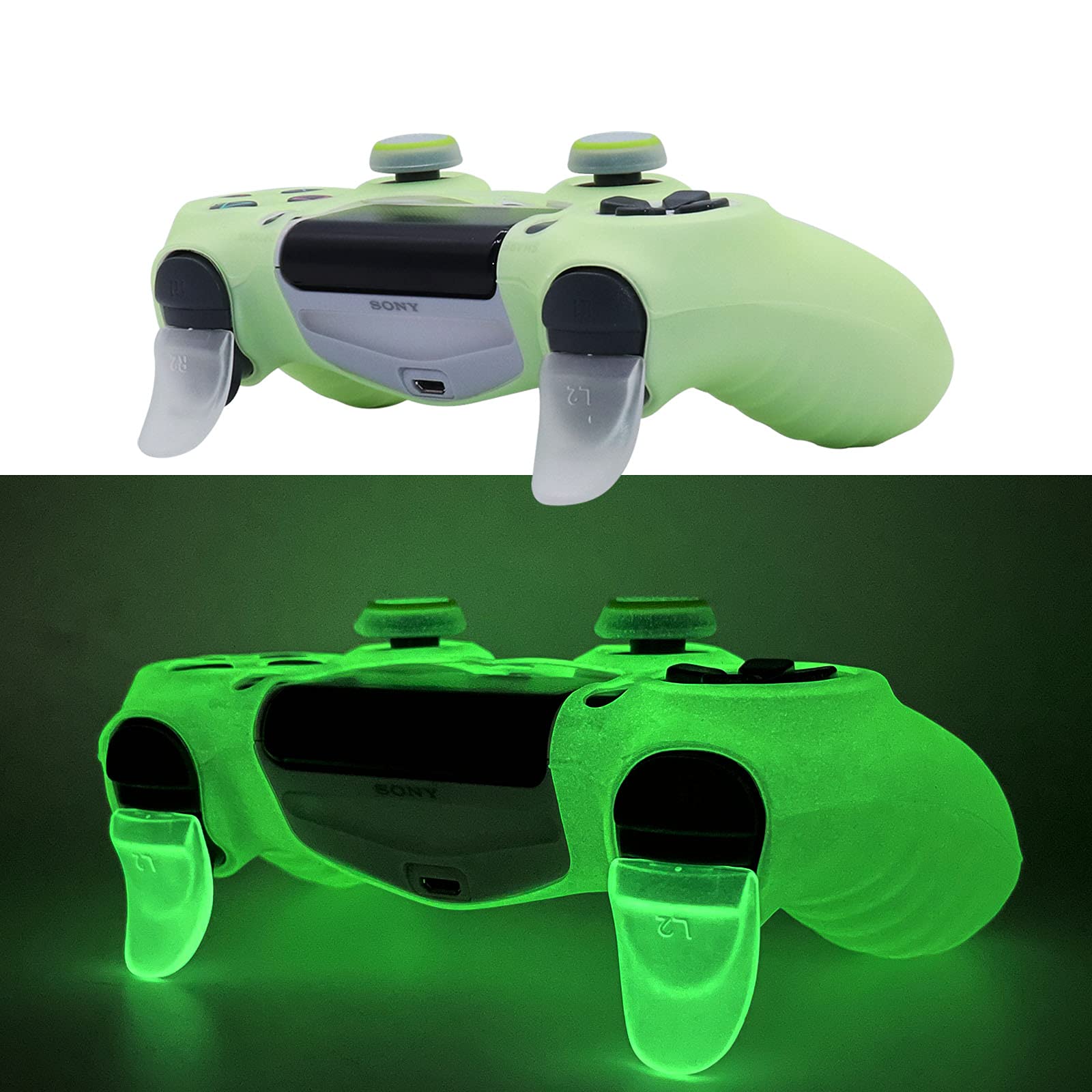 HLRAO Green Anti-Slip Glow in The Dark Protective Silicone Cover Skin Grips Compatible with PS4/Slim/Pro Controller with 8 PCS Thumb Grips Caps and 2 Grips Caps Glow in The Dark.